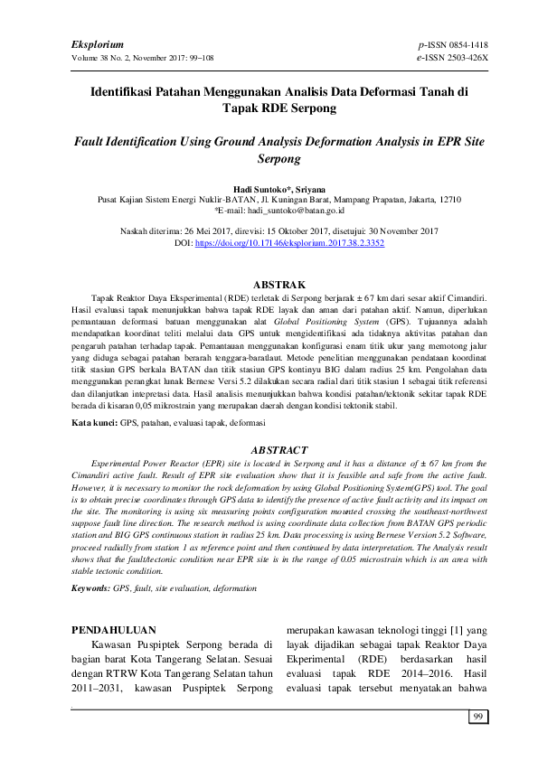 (PDF) Identifikasi Patahan Menggunakan Analisis Data Deformasi Tanah di Tapak RDE Serpong