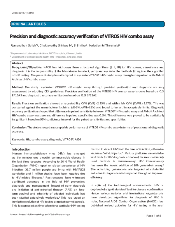 (PDF) Precision and diagnostic accuracy verification of VITROS HIV combo assay