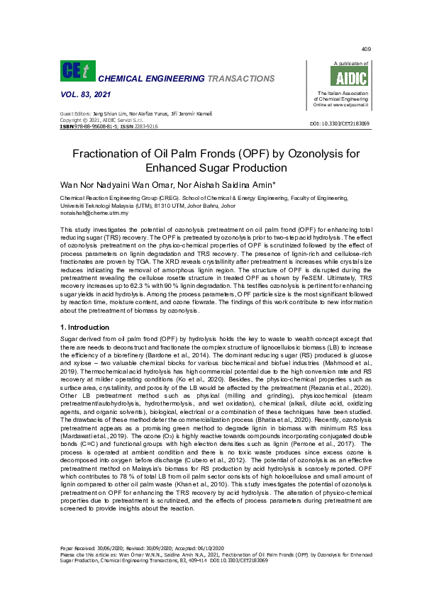 (PDF) Fractionation of Oil Palm Fronds (OPF) by Ozonolysis for Enhanced ...