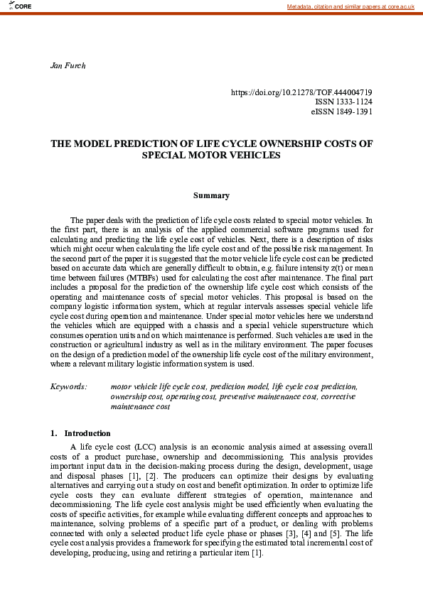 (PDF) The Model Prediction of Life Cycle Ownership Costs of Special Motor Vehicles