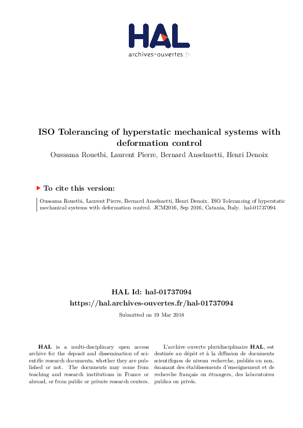 (PDF) ISO Tolerancing of hyperstatic mechanical systems with ...