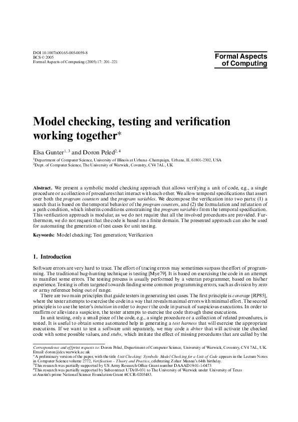 Pdf Model Checking Testing And Verification Working Together Doron Peled