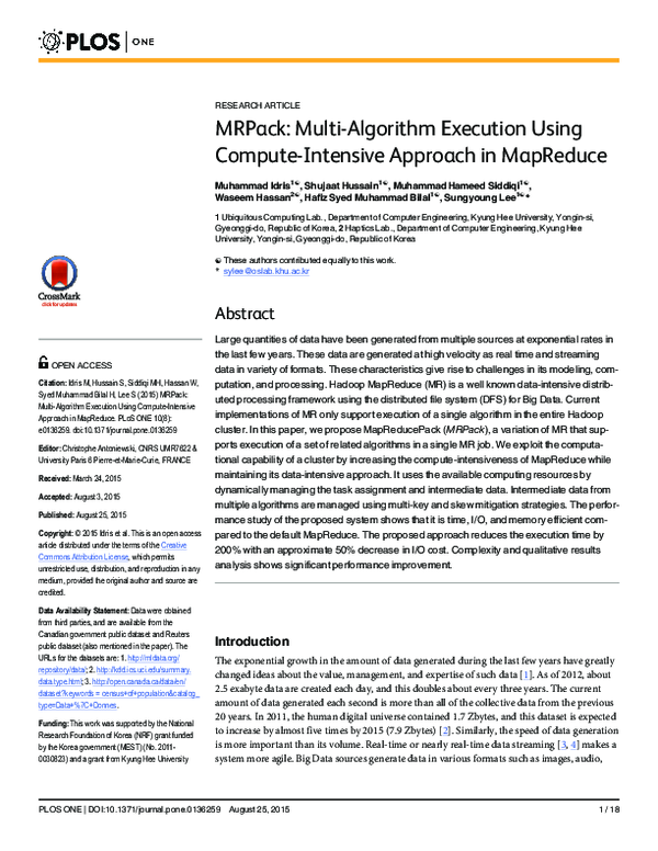 (PDF) MRPack: Multi-Algorithm Execution Using Compute-Intensive Approach in MapReduce