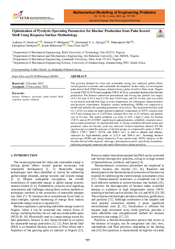 (PDF) Optimization of Pyrolysis Operating Parameters for Biochar Production from Palm Kernel ...