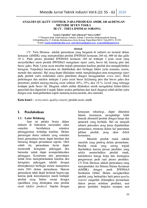 (PDF) ANALISIS QUALITY CONTROL PADA PRODUKSI AMDK 240 ml DENGAN METODE SEVEN TOOLS DI CV. TIRTA ...