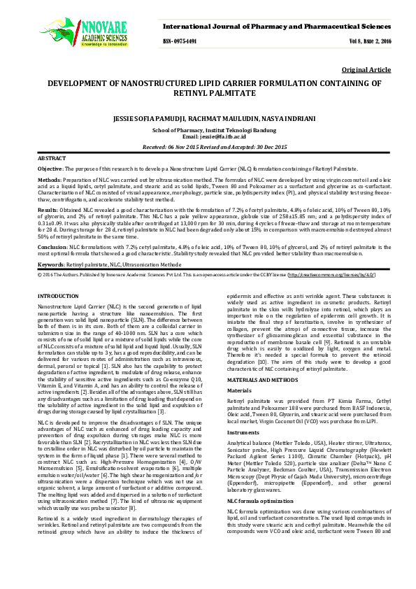 Pdf Development Of Nanostructured Lipid Carrier Formulation Containing Of Retinyl Palmitate