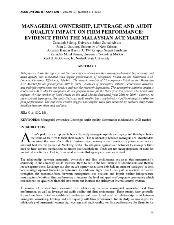 (PDF) Managerial Ownership, Leverage and Audit Quality Impact on Firm Performance: Evidence from ...