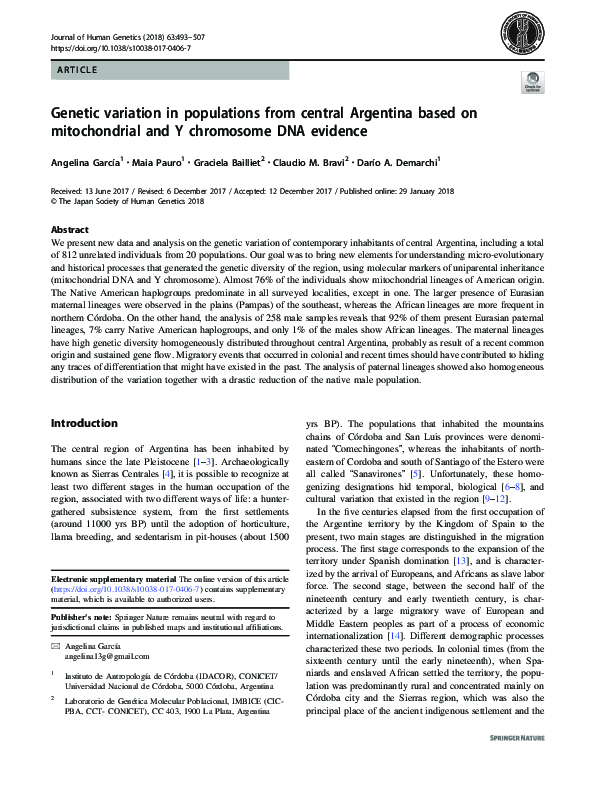 (PDF) Genetic variation in populations from central Argentina based on mitochondrial and Y ...