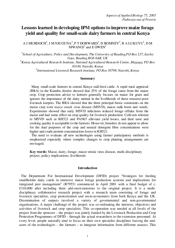 (PDF) Lessons learned in developing IPM options to improve maize forage yield and quality for ...