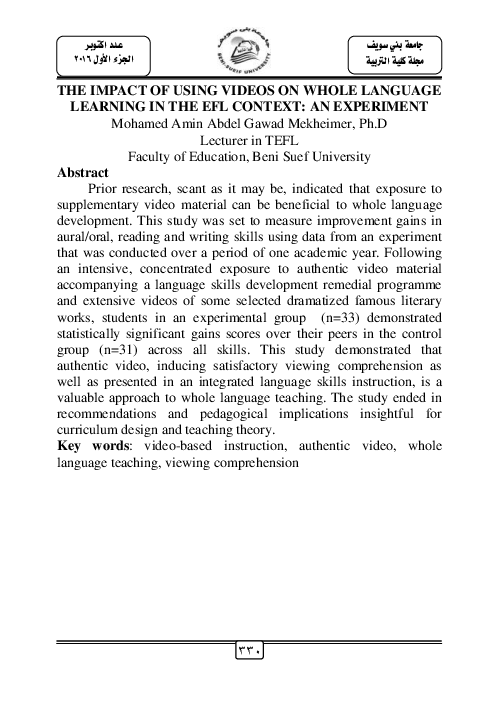 (PDF) The Impact of Using Videos on Whole Language Learning in the Efl Context: An Experiment