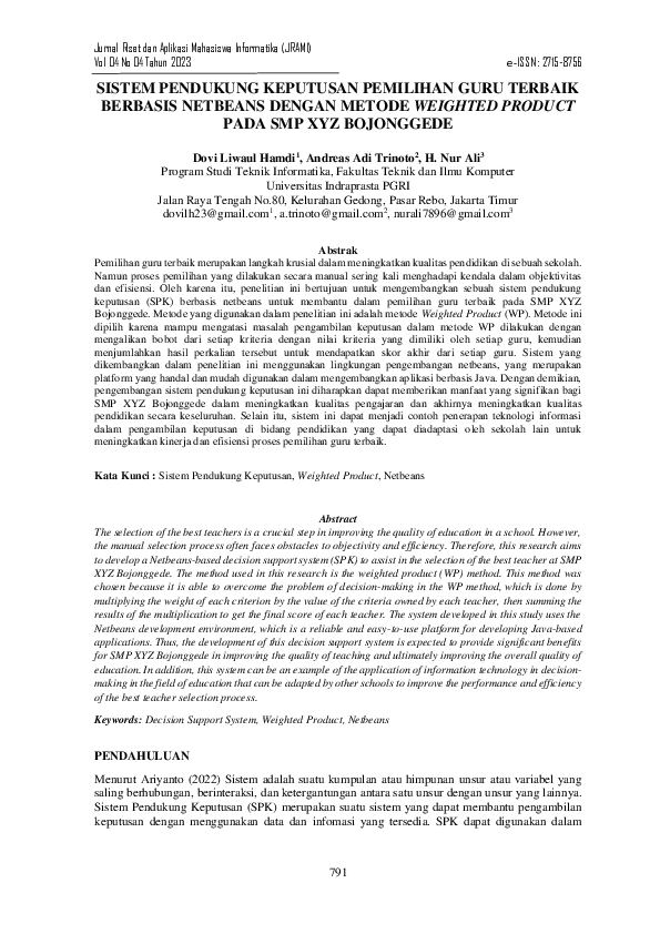 (PDF) Sistem Pendukung Keputusan Pemilihan Guru Terbaik Berbasis Netbeans dengan Metode Weighted ...