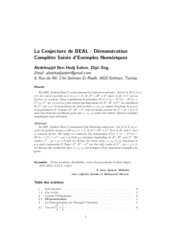 (PDF) BEAL' Conjecture: Complete Proof with Numerical Examples