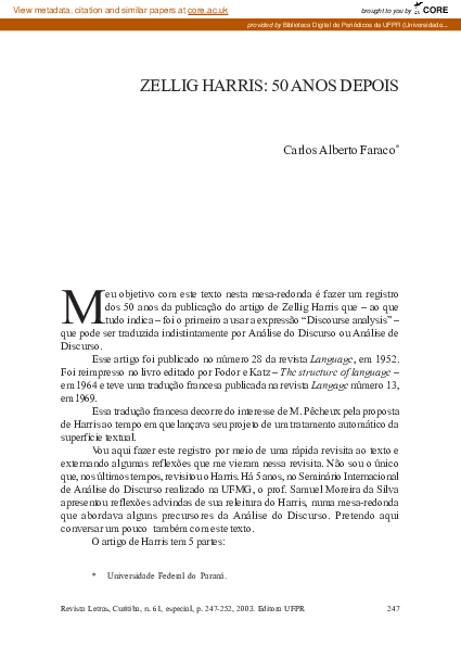 (PDF) Zellig Harris: 50 Anos Depois