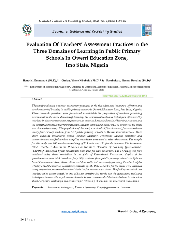 (PDF) Evaluation Of Teachers' Assessment Practices in the Three Domains of Learning in Public ...