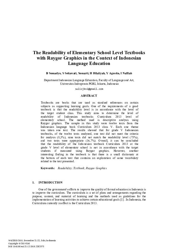 Pdf The Readability Of Elementary School Level Textbooks With Raygor Graphics In The Context
