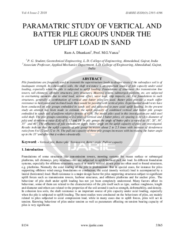 (PDF) Paramatric Study of Vertical and Batter Pile Groups Under the Uplift Load in Sand