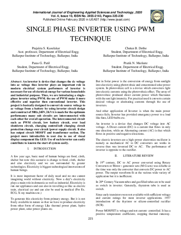 (PDF) Single Phase Inverter Using PWM Technique