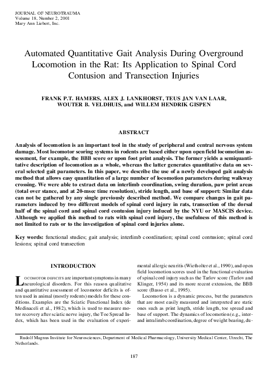 Pdf Automated Quantitative Gait Analysis During Overground Locomotion In The Rat Its