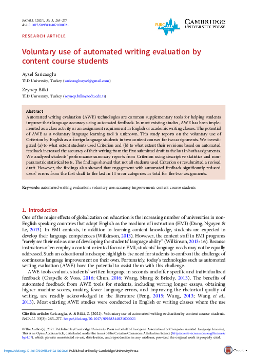 (PDF) Voluntary use of automated writing evaluation by content course students