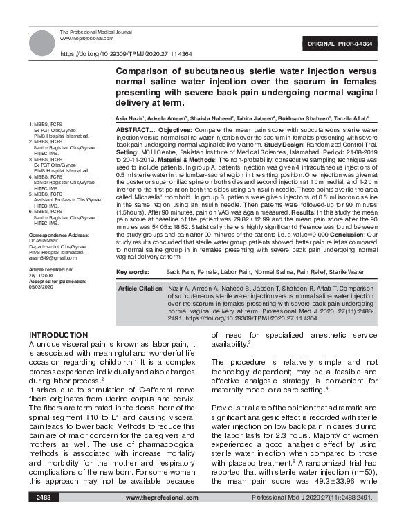 (PDF) Comparison of subcutaneous sterile water injection versus normal ...