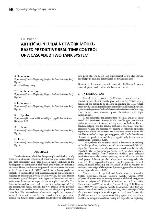 (PDF) ANN-Based Predictive Control for Cascaded Two Tank System