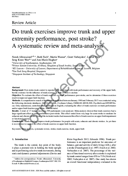 (PDF) Do trunk exercises improve trunk and upper extremity performance, post stroke? A ...