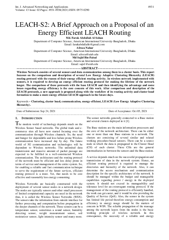 (PDF) LEACH-S2: A Brief Approach On A Proposal Of An Energy Efficient LEACH Routing