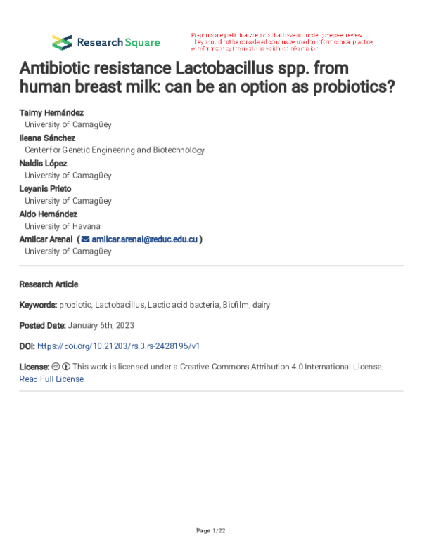 (PDF) Antibiotic resistance Lactobacillus spp. from human breast milk: can be an option as ...