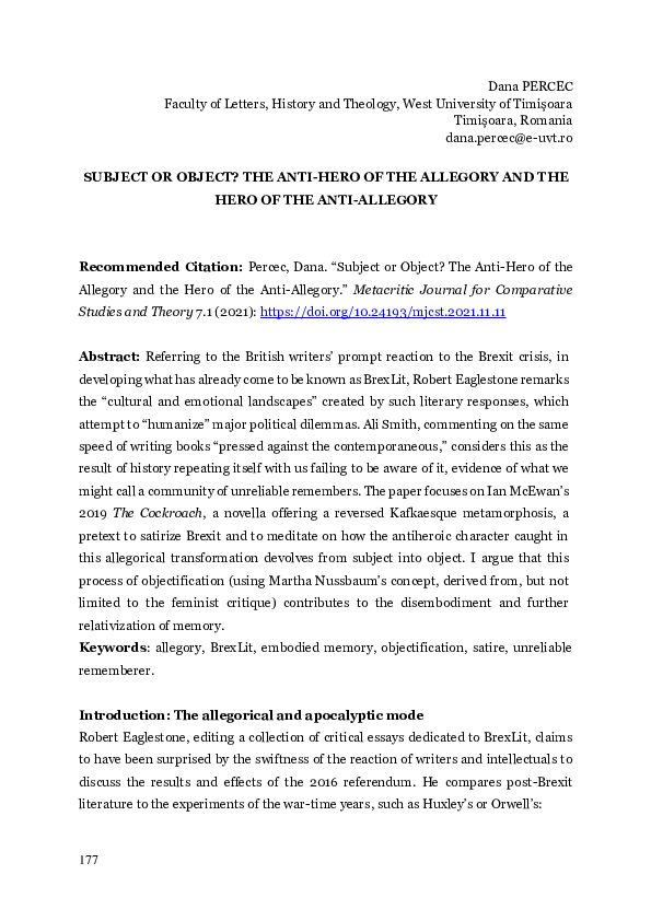 (PDF) Subject or Object? The Anti-Hero of the Allegory and the Hero of ...
