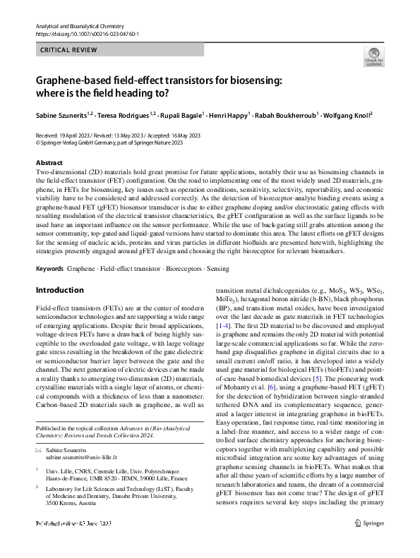 (PDF) Graphene-based field-effect transistors for biosensing: where is the field heading to?