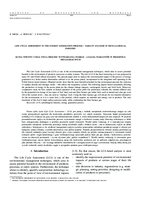 (PDF) Life Cycle Assessment in the Energy Generation Process - Variant ...