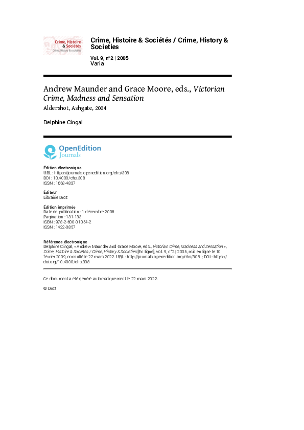 (PDF) Andrew Maunder and Grace Moore, eds., Victorian Crime, Madness ...