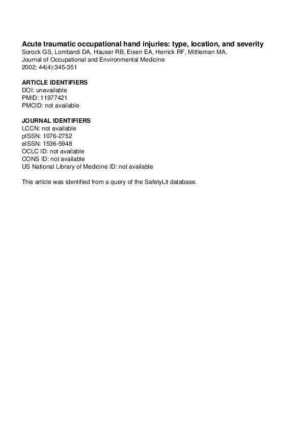 (PDF) Acute Traumatic Occupational Hand Injuries: Type, Location, and ...