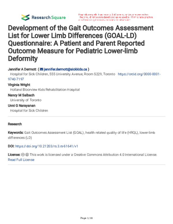 (PDF) Development of the Gait Outcomes Assessment List for Lower Limb Differences (GOAL-LD ...