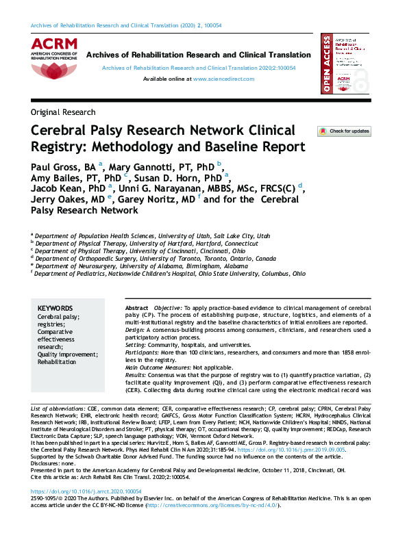 (PDF) Cerebral Palsy Research Network Clinical Registry: Methodology and Baseline Report