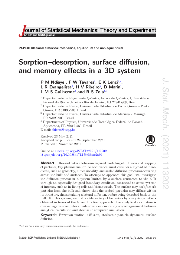 (PDF) Sorption–desorption, surface diffusion, and memory effects in a 3D system