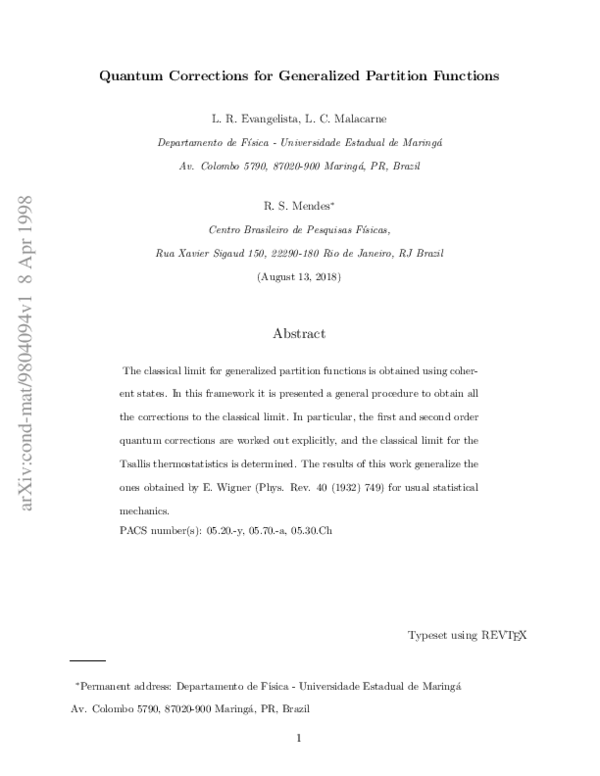 (PDF) Quantum corrections for general partition functions