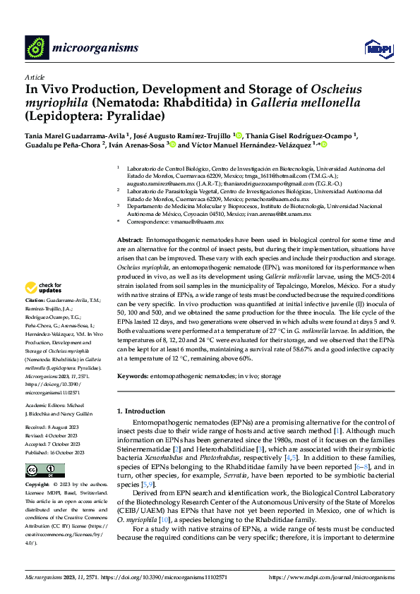 In Vivo Production, Development and Storage of Oscheius myriophila ...