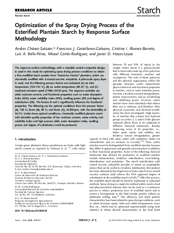 Pdf Optimization Of The Spray Drying Process Of The Esterified Plantain Starch By Response