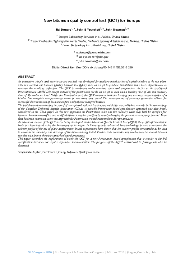 (PDF) New bitumen quality control test (QCT) for Europe