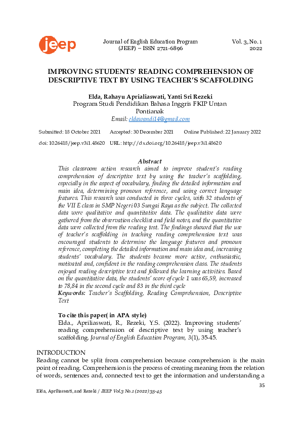 (PDF) Improving Students’ Reading Comprehension of Descriptive Text by Using Teacher’s Scaffolding