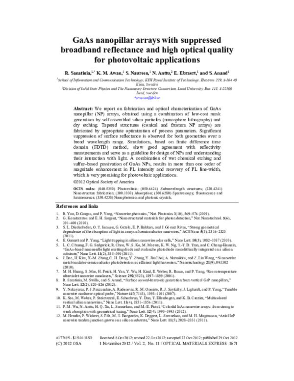 (PDF) GaAs nanopillar arrays with suppressed broadband reflectance and high optical quality for ...