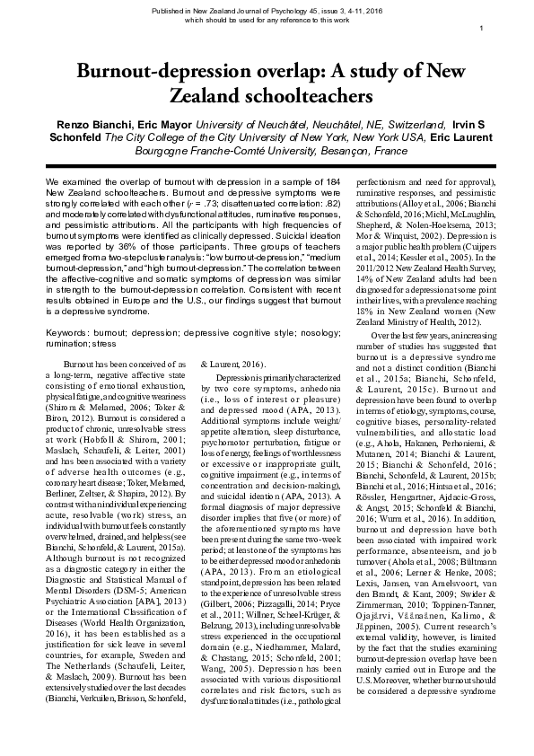 (PDF) Burnout-depression overlap: A study of New Zealand schoolteachers