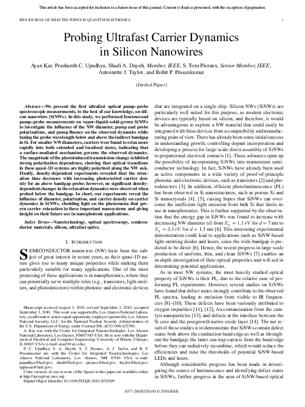 (PDF) Probing Ultrafast Carrier Dynamics in Silicon Nanowires | Prashanth Upadhya - Academia.edu