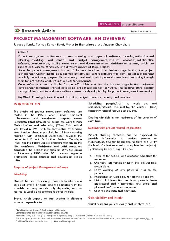 (PDF) Project Management Software-An Overview | MANASIJA BHATTACHARYA - Academia.edu