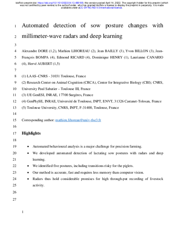 (PDF) Automated detection of sow posture changes with millimeter-wave radars and deep learning