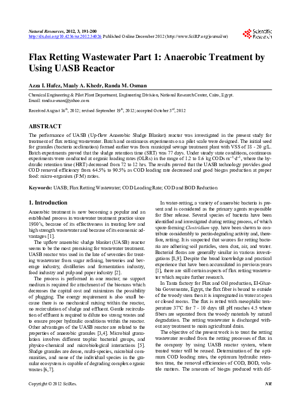(PDF) Flax Retting Wastewater Part 1: Anaerobic Treatment by Using UASB ...