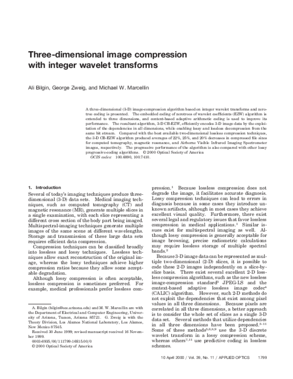Pdf Three Dimensional Image Compression With Integer Wavelet