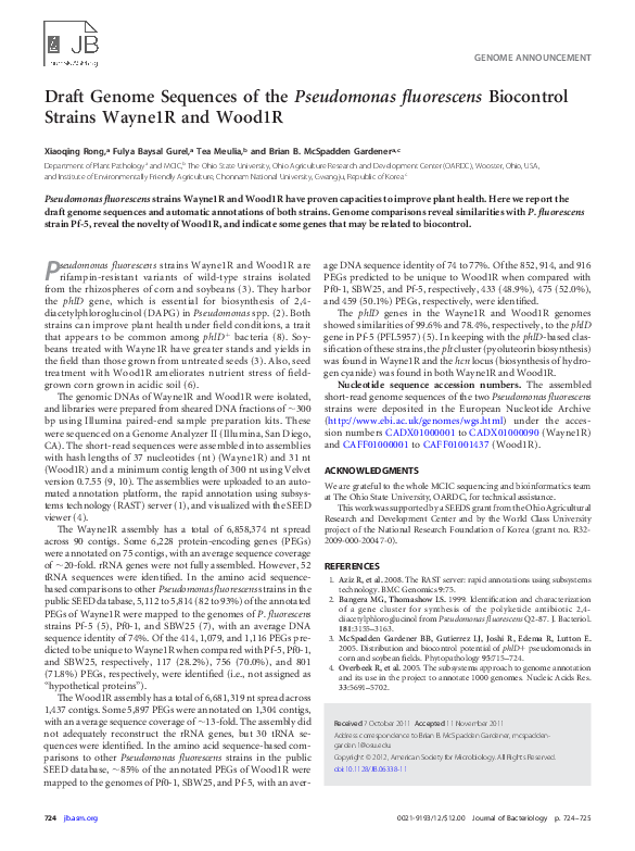 (PDF) Draft Genome Sequences of Pseudomonas fluorescens Strains SF39a and SF4c, Potential Plant ...