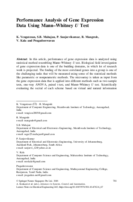 (PDF) Performance Analysis of Gene Expression Data Using Mann–Whitney U ...